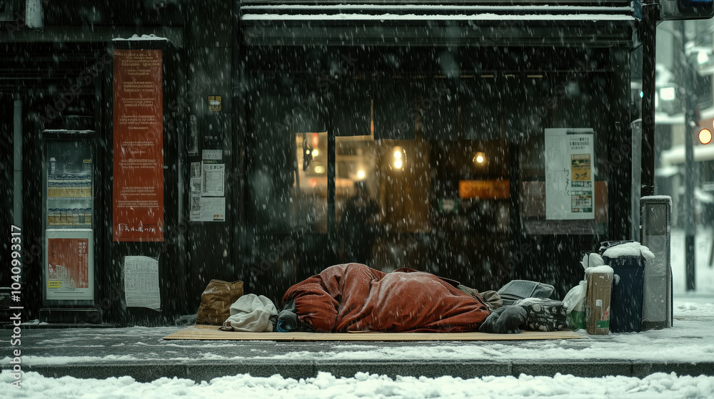 depiction of homelessness in Japan with person lying on street during ...