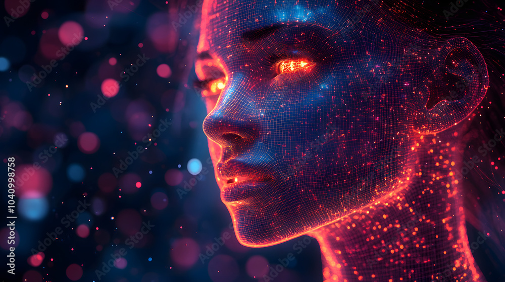 A Digital Human Head with Glowing Eyes and Lines of Code, Representing ...