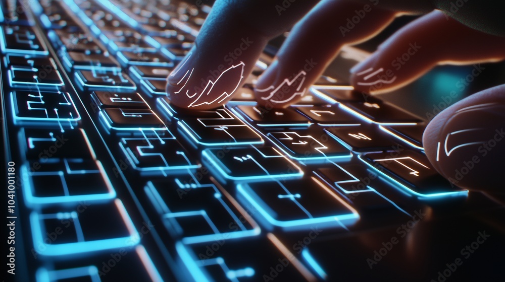 A high-resolution close-up of fingers tapping on a backlit keyboard ...