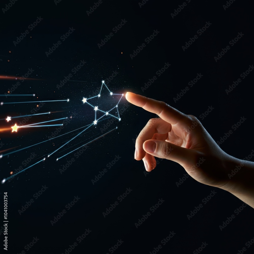Celestial constellation, human hand reaching, glowing star network ...