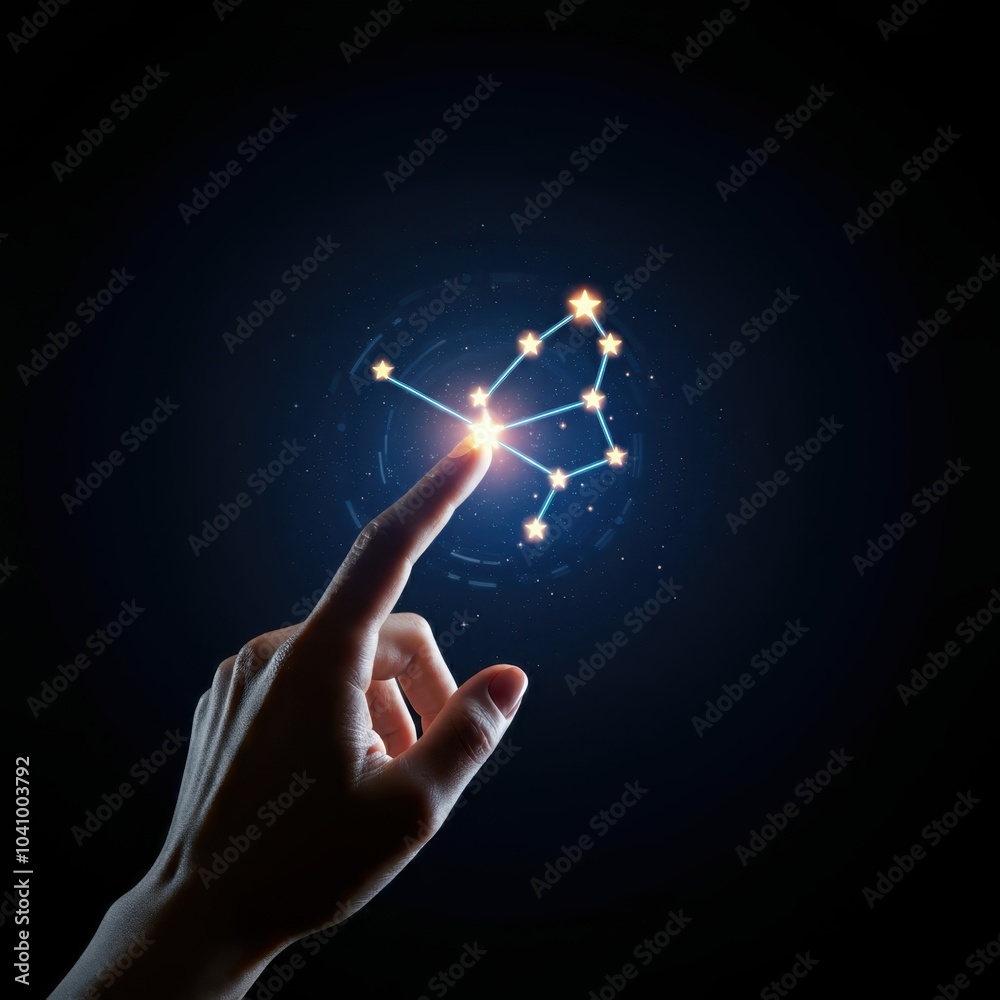 Celestial constellation, human hand reaching, glowing star network ...