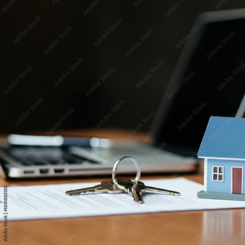 Small blue house model, silver house keys, wooden desk surface, blurred ...