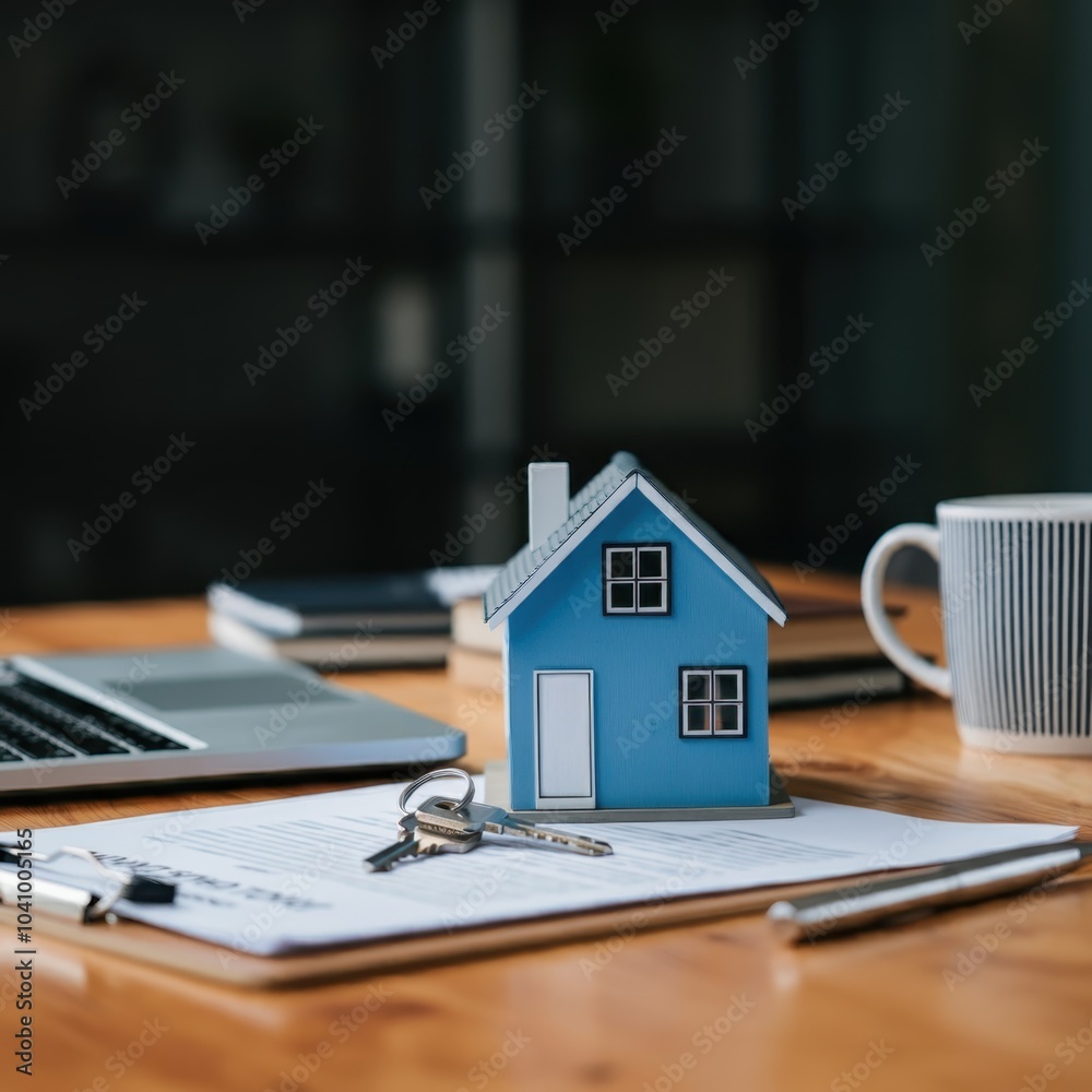 Small blue house model, silver house keys, wooden desk surface, blurred ...