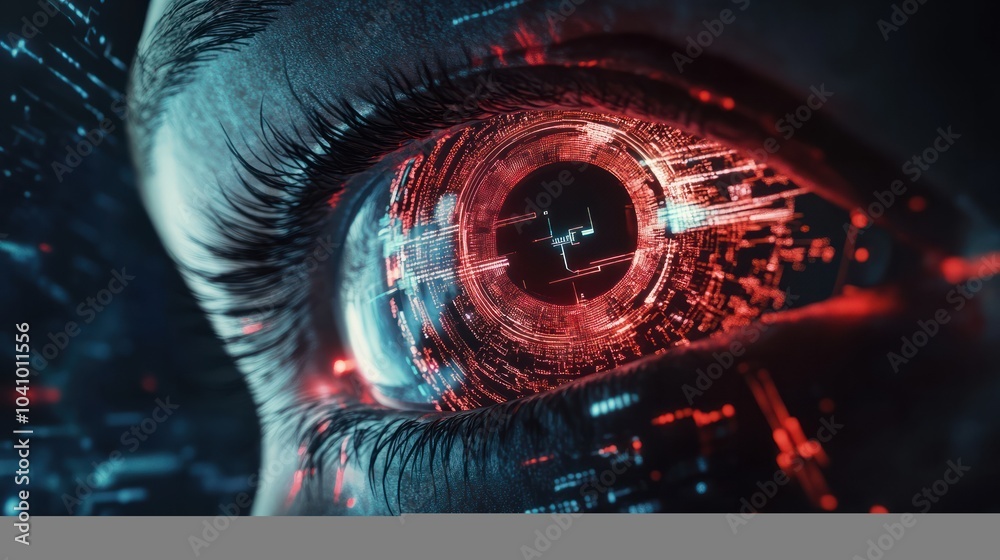 Hacker or AI robot eye in dark tech space, cyborg vision on digital background. Concept of cyber ...