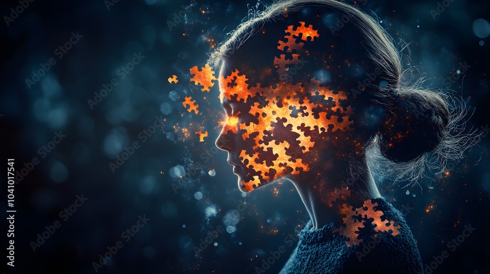 Woman's profile dissolving into puzzle fragments, symbolizing the ...