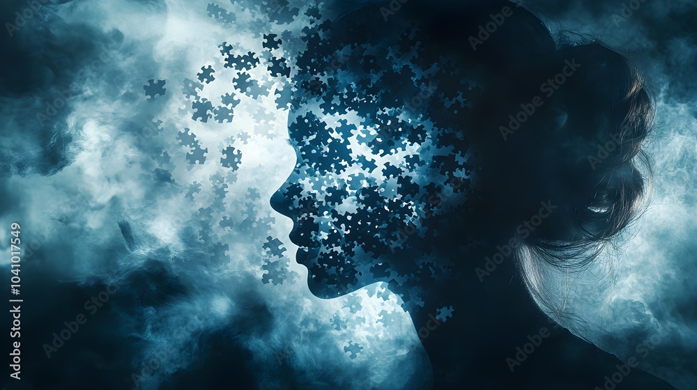 Woman's profile dissolving into puzzle fragments, symbolizing the ...