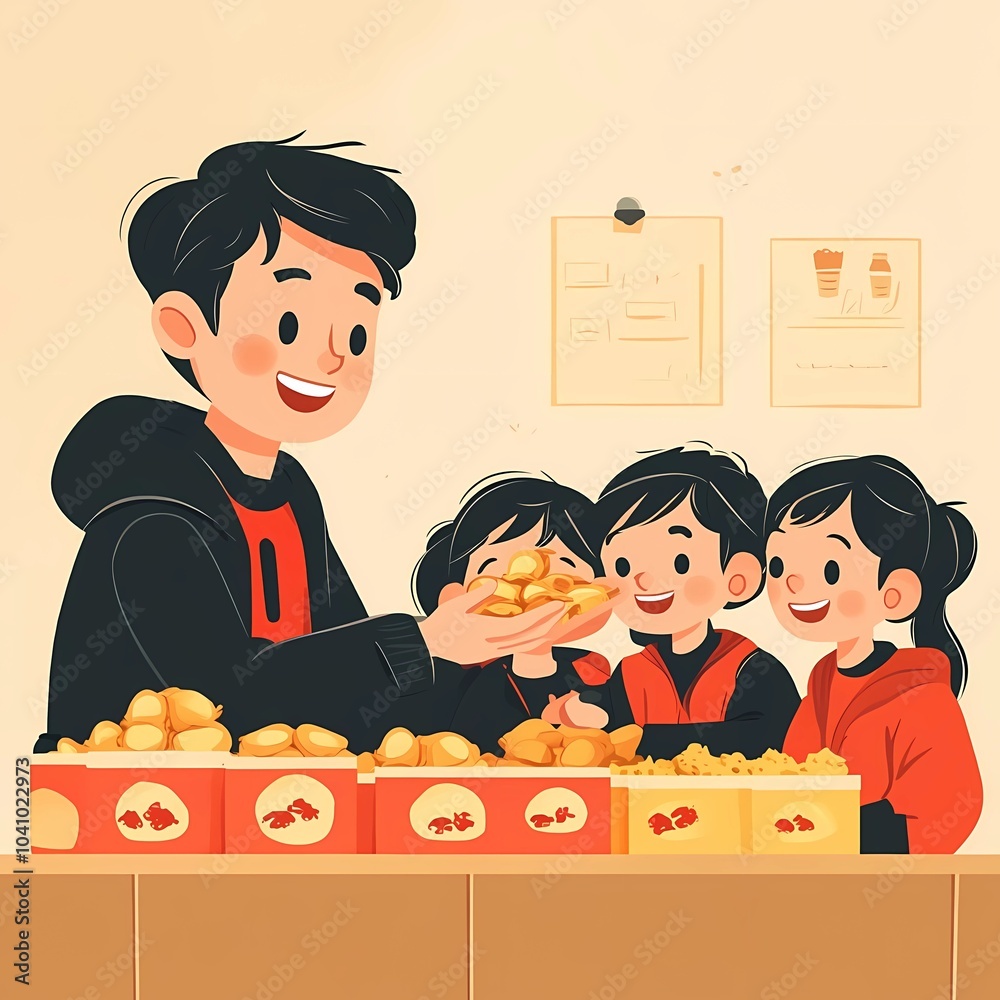 A flat illustration of a volunteer handing food to a group of smiling ...