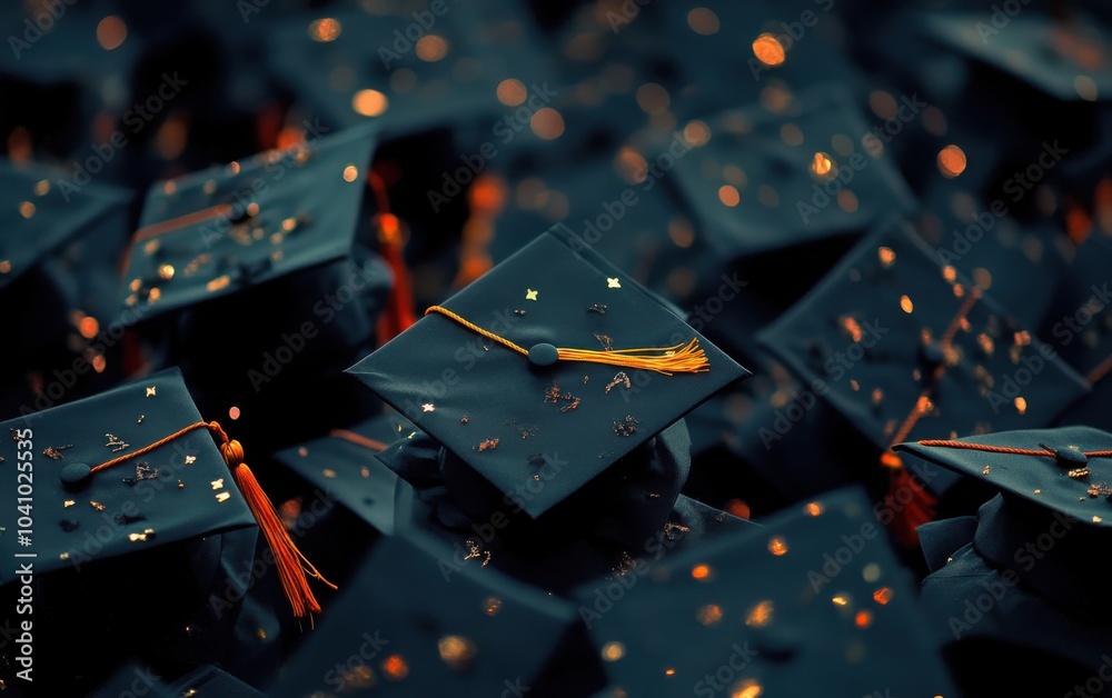 A detailed close-up of graduation caps worn by students celebrating ...