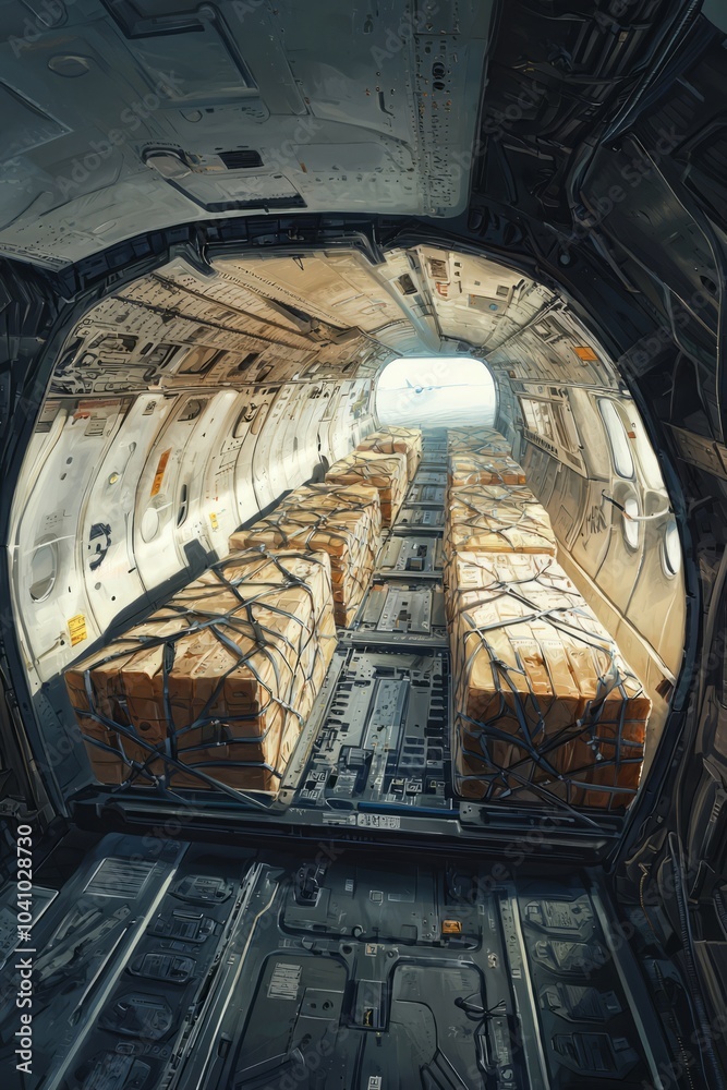 Depict the interior of a cargo plane filled with goods. Highlight the ...