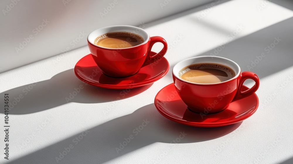 two red espresso cups and saucers on a white surface. The cups are ...