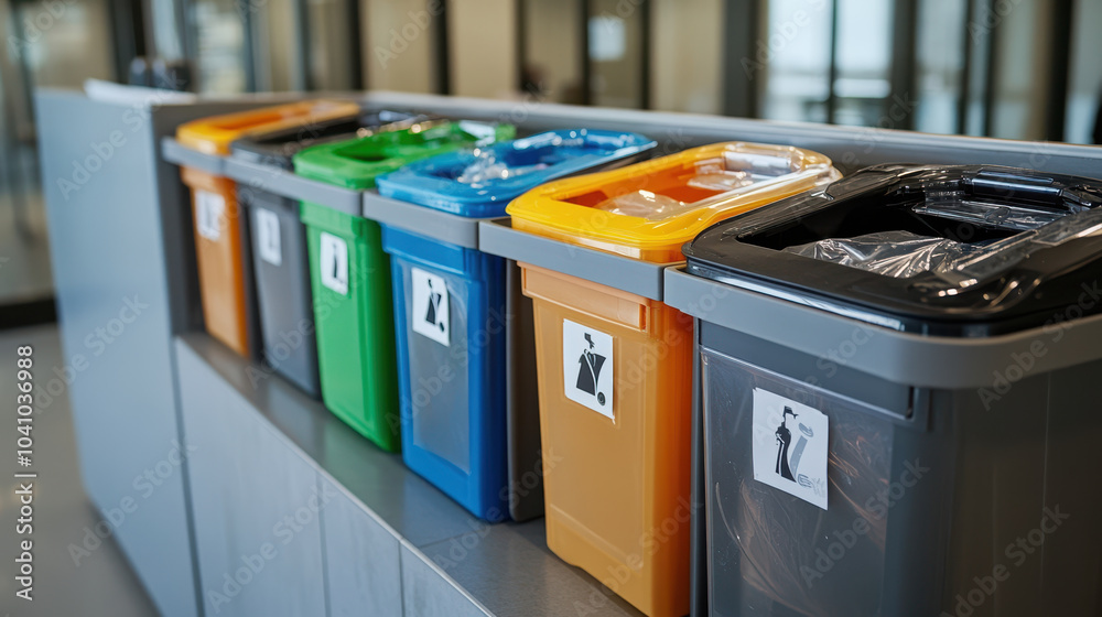 Recycling bins with clear labels for sorting paper, plastic, and waste ...