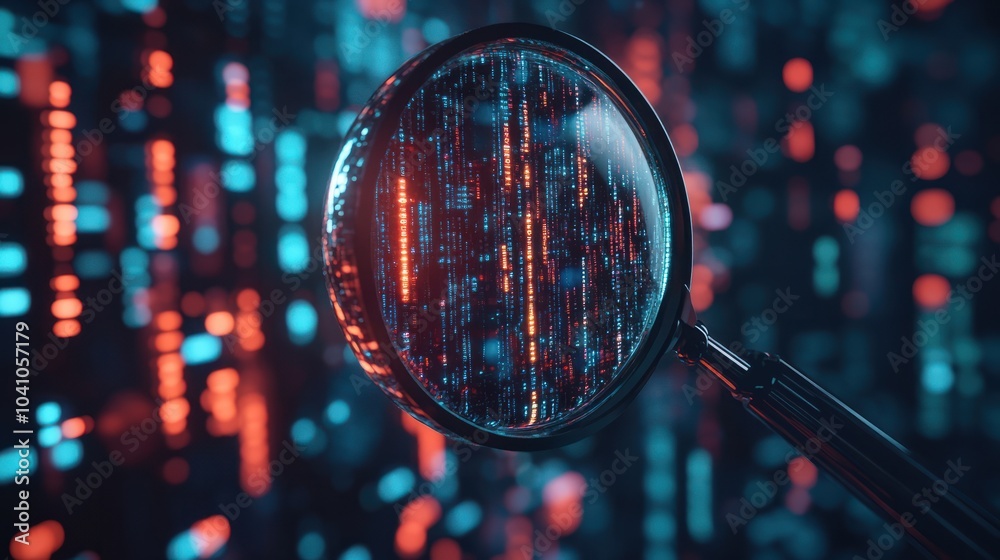 Data analysis concept with magnifying glass, digital data search, binary code investigation ...