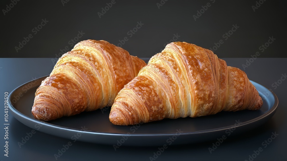 Promotional commercial photo of two croissants on a dark background ...