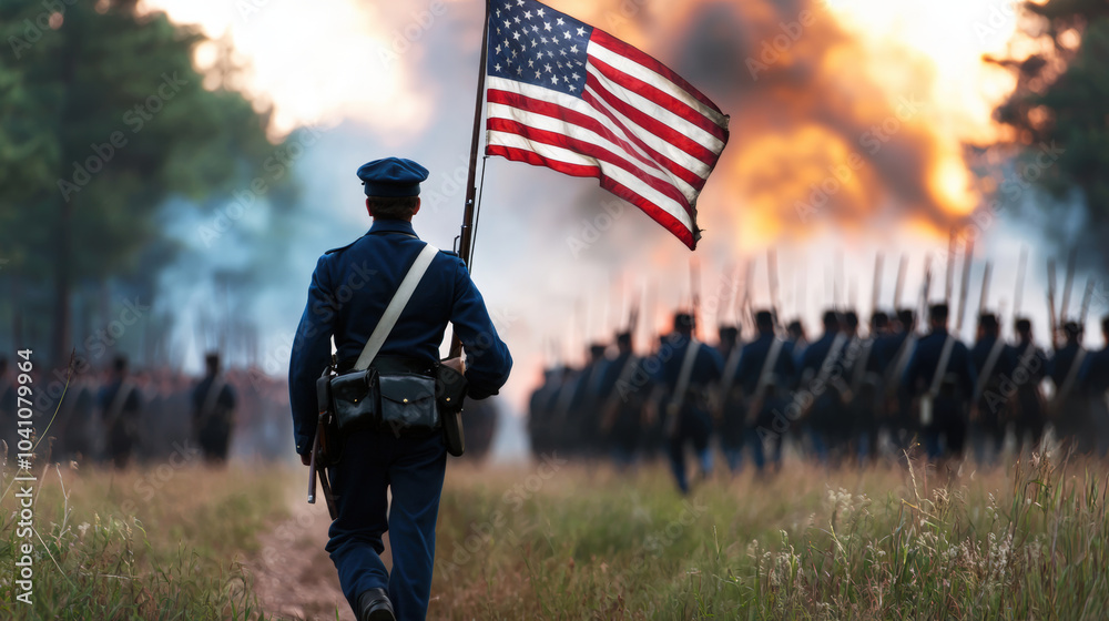 Union soldier marches proudly with American flag, leading group of ...