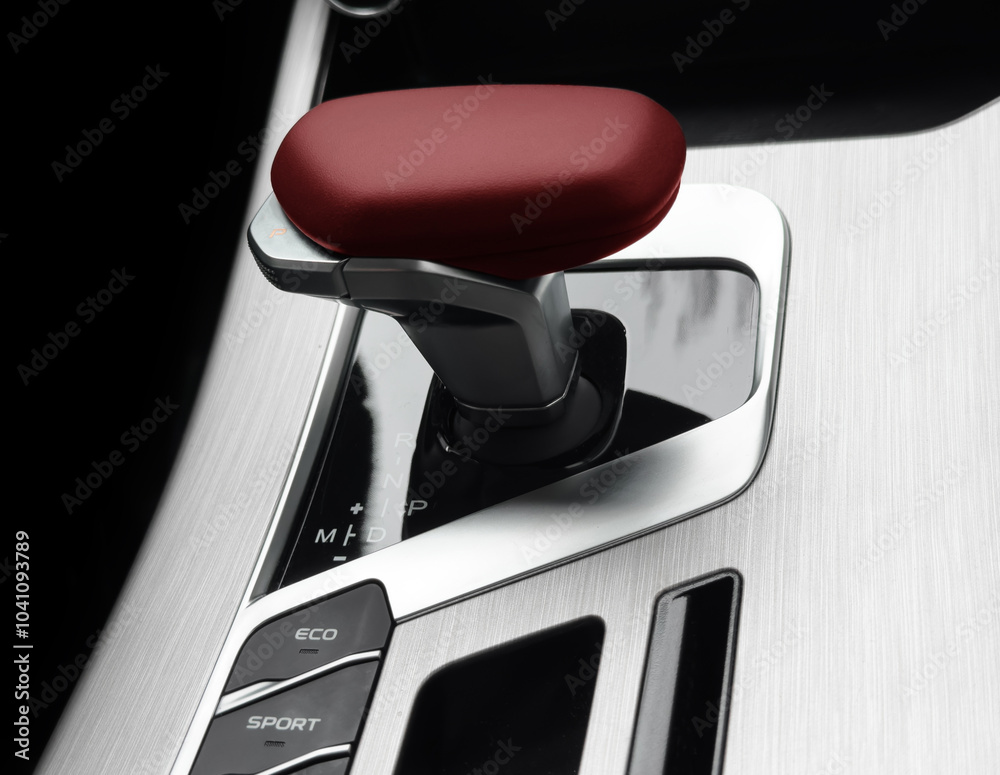 Automatic gear stick of a modern car. Modern car interior details ...