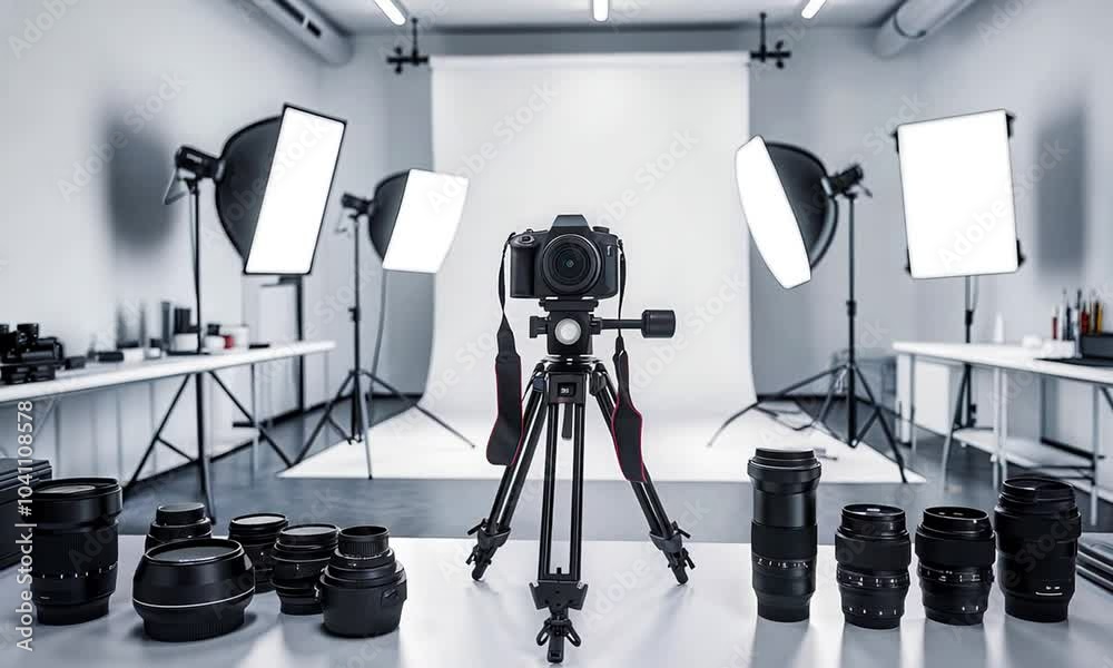 Professional photography studio setup featuring camera and lens ...