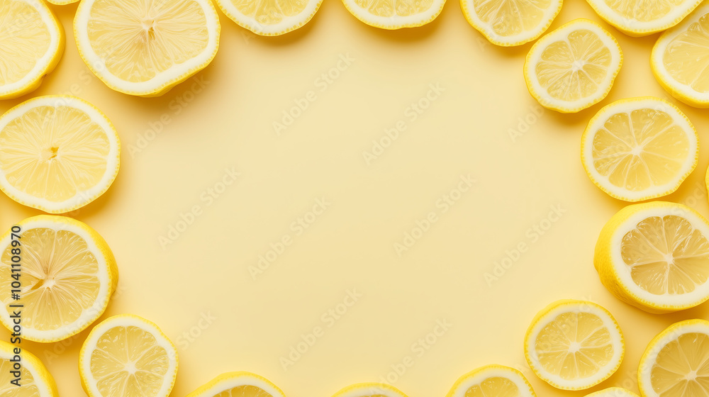 A border of lemon slices arranged in a circle on a yellow background ...