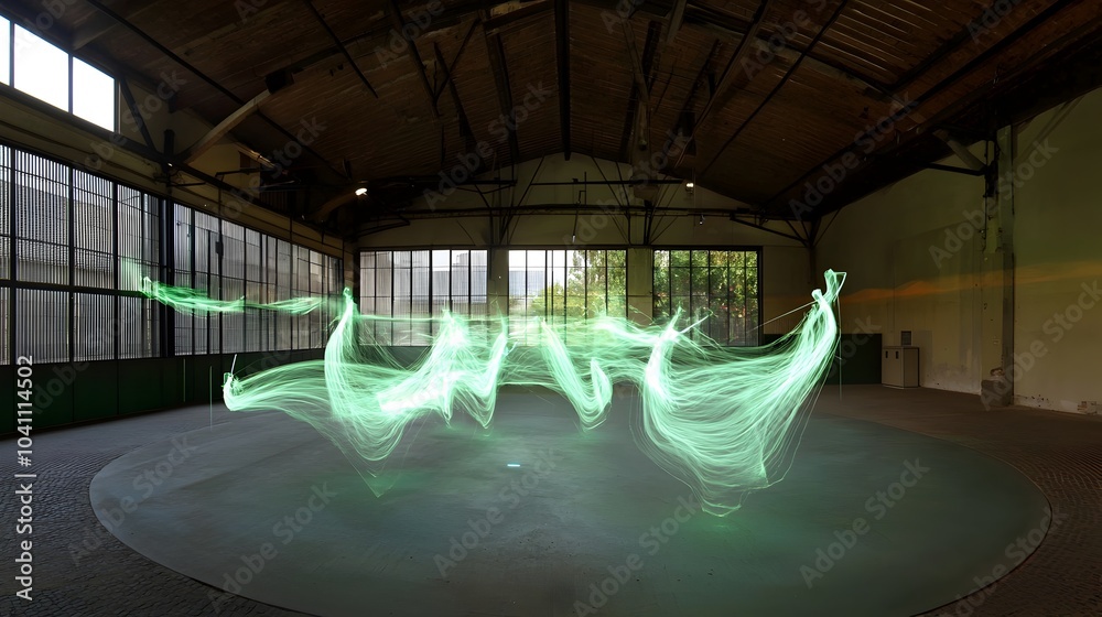 Futuristic fencing arena filled with holographic swords crossing in a ...