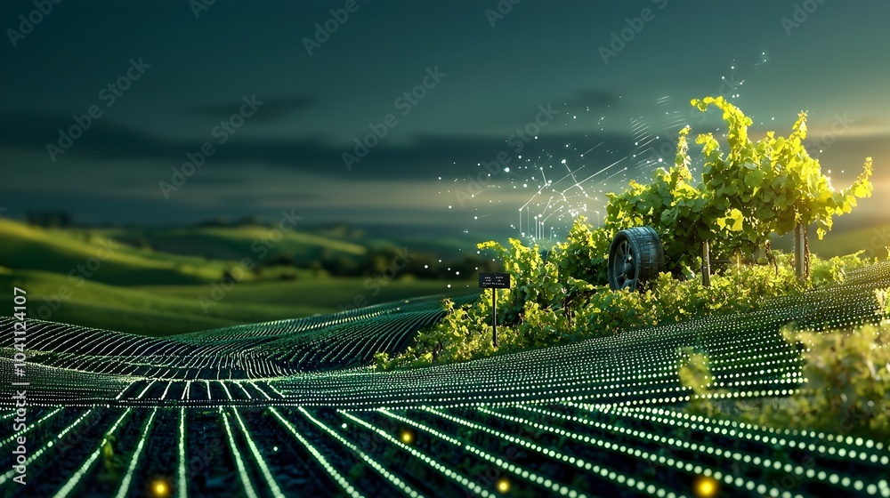 Stunning digital artwork depicting a beautiful vineyard landscape with ...