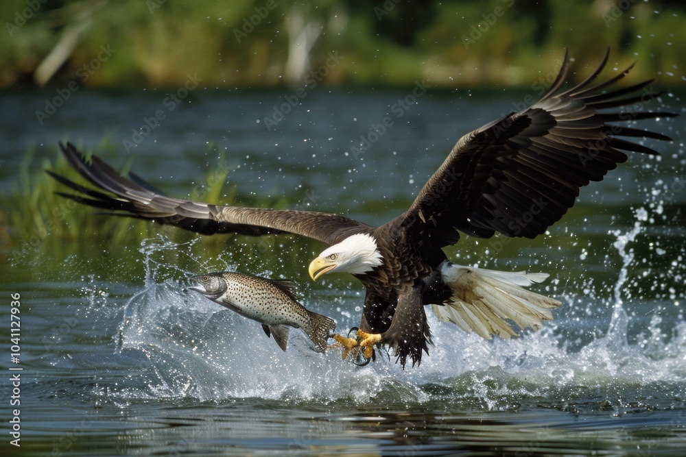 Wildlife scene with a bald eagle swooping down to catch a fish from the ...