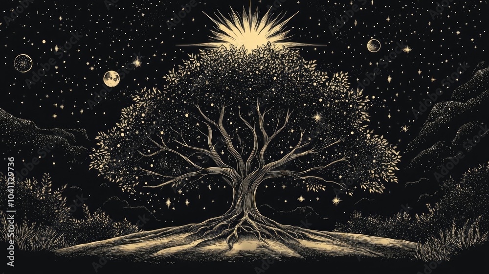 Line art illustration of an enchanting sacred tree under a starry night ...