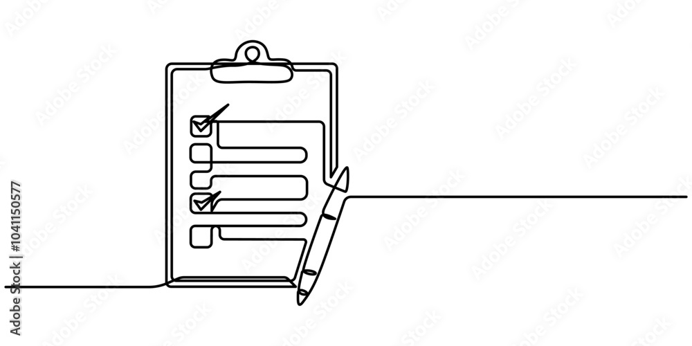 Clipboard with checklist and pen in one continuous line drawing. To do ...