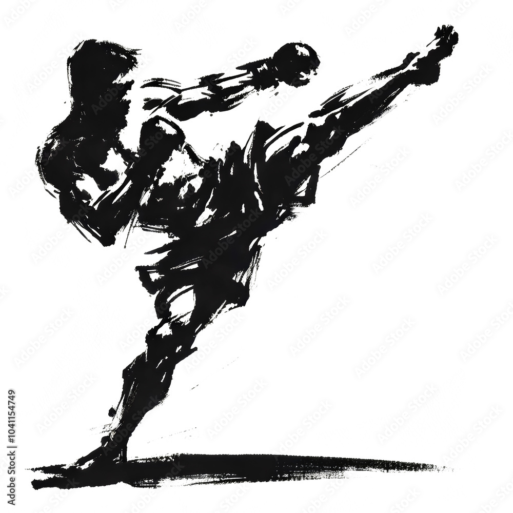 an ink drawing of a kickboxer throwing a kick in a transparent ...