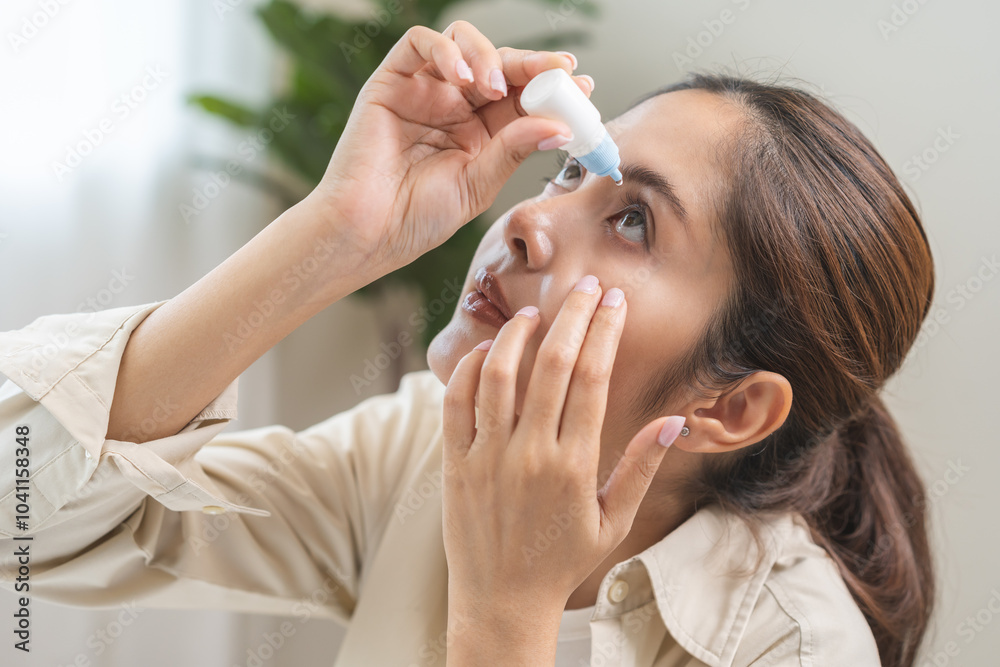 Health care concept, eye problem asian young woman applying, using ...