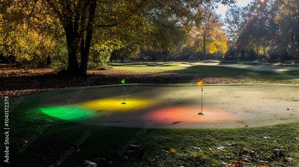 A photograph of a golf course with holographic flags glowing at the ...