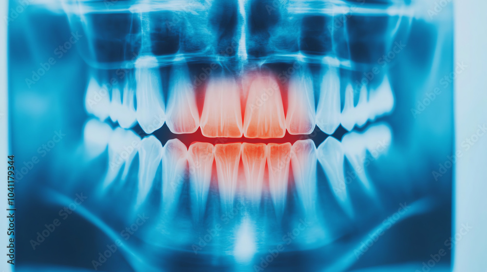 A detailed x-ray of human teeth showing dental structure and possible ...
