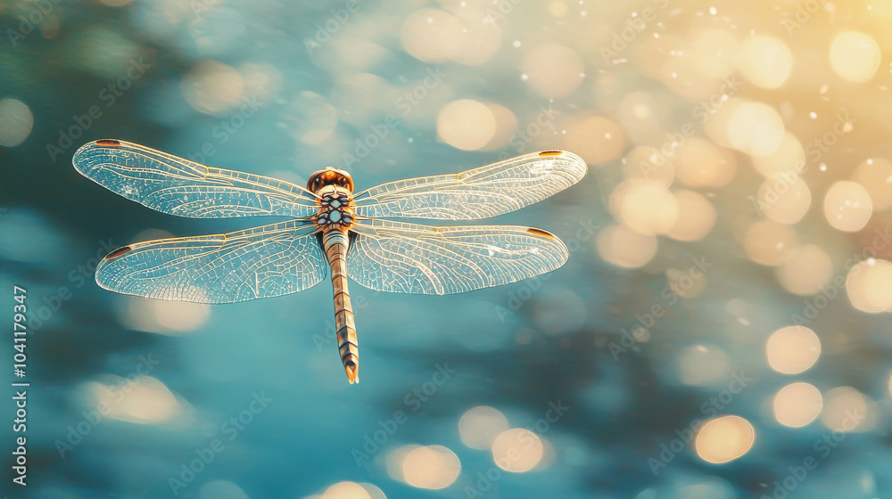 Dragonfly in Flight: A delicate dragonfly soars against a backdrop of ...
