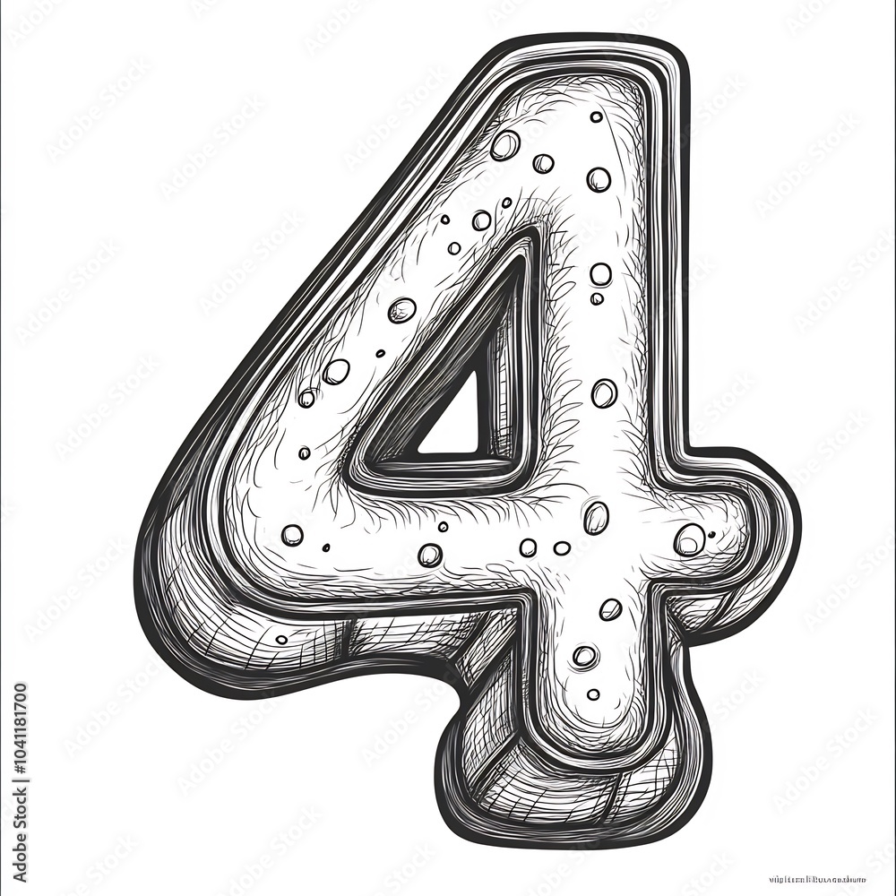 Handdrawn numeric number 4 in black outline on a white background ...