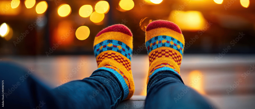 Cozy feet in colorful socks, resting on a surface with warm bokeh ...
