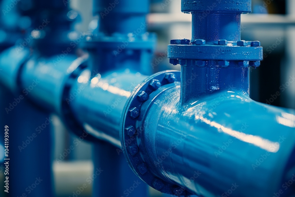 Water pipes and pressure control industrial system. Blue closing valve ...