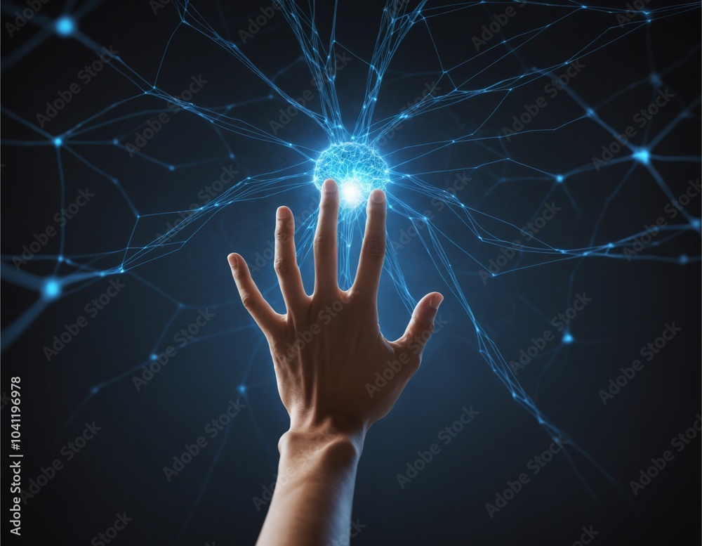 Hands reaching into the night sky, surrounded by a digital network ...