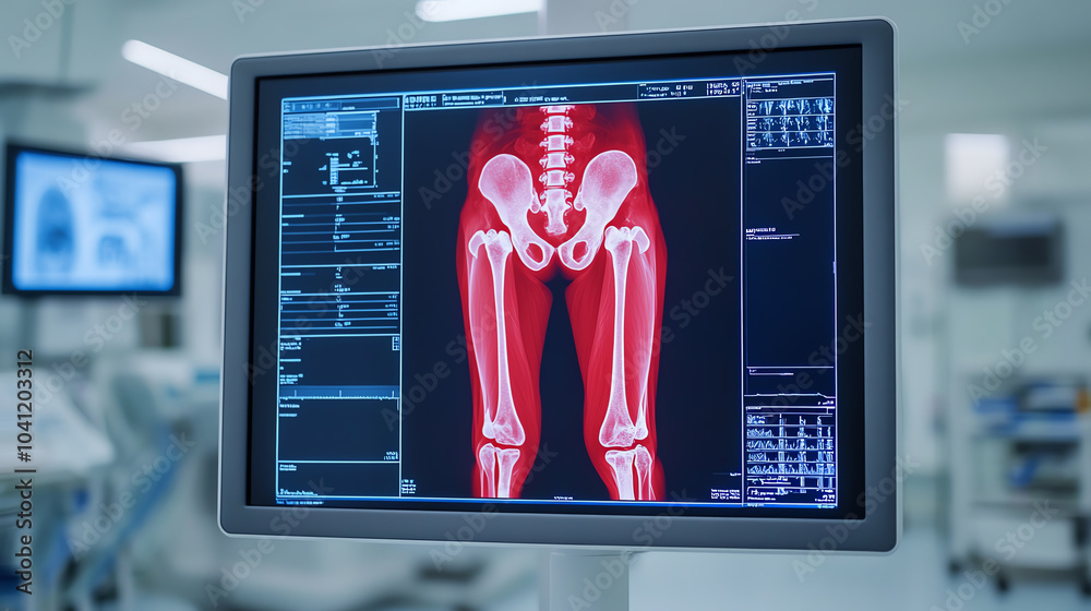 X-ray image of human pelvis and legs displayed on monitor in a medical ...