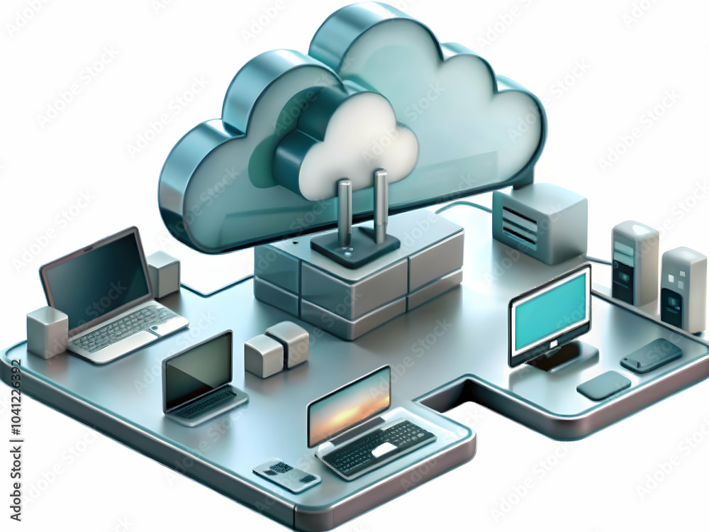 Glossy Cloud Network Diagram Image on Modern Office Desk with Tech ...
