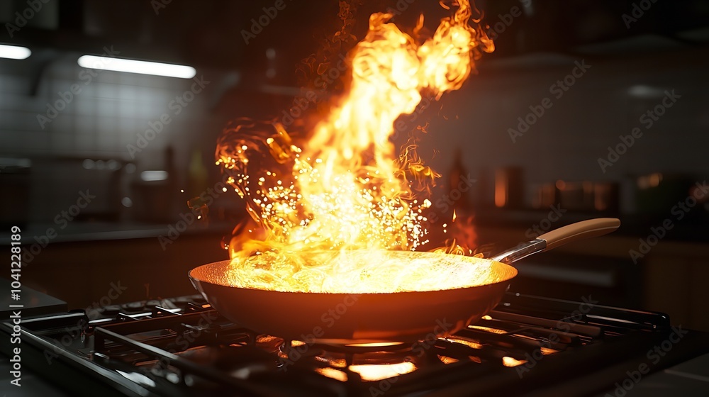 Urgent kitchen scene, skillet over an open flame, food crackling as ...
