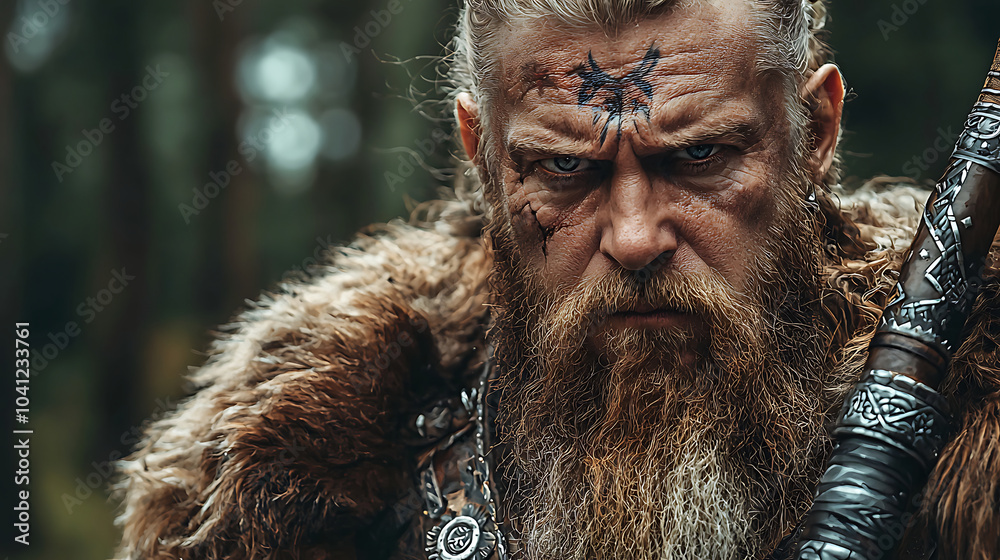 lose-up of a fierce Viking warrior with a red beard and battle-worn ...