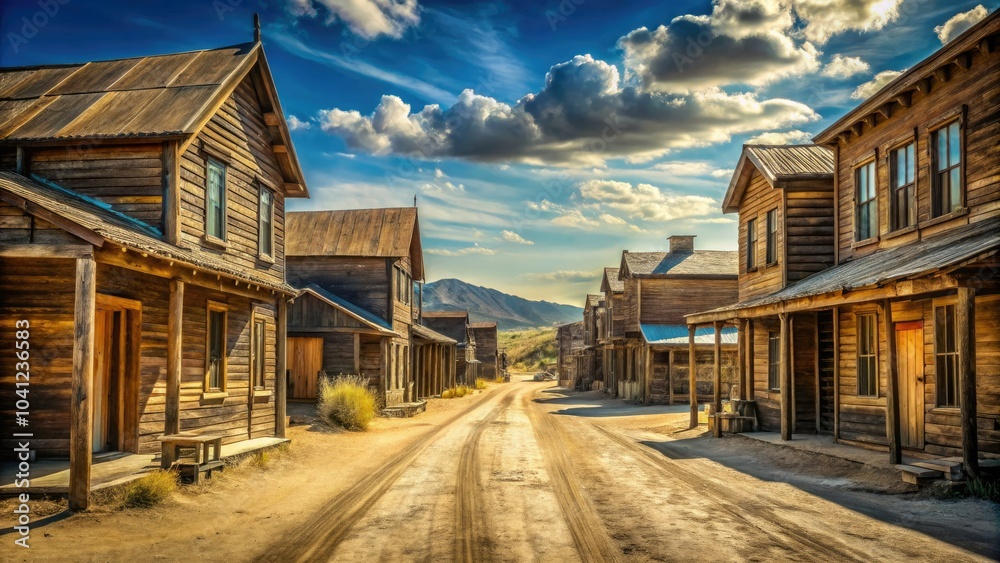 Dusty Western street features rustic wooden buildings under a vibrant ...