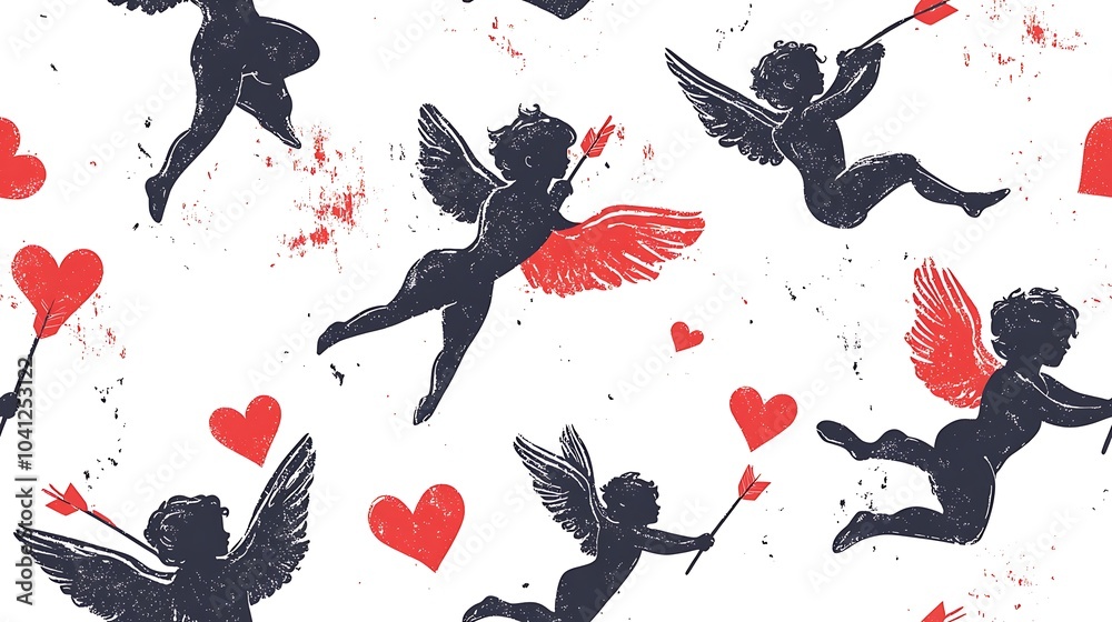 Seamless pattern of Cupid silhouettes with heart-shaped arrows, classic ...