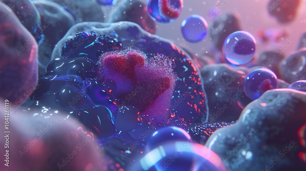 Microscopic view of a cell undergoing apoptosis, nucleus shrinking and ...