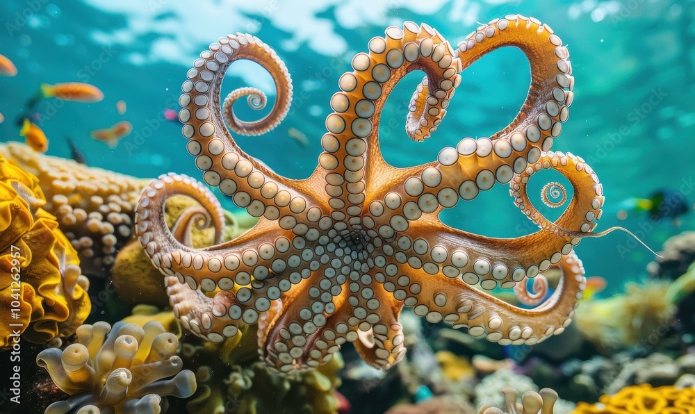 An octopus with its tentacles curled up. AI. Stock Photo | Adobe Stock