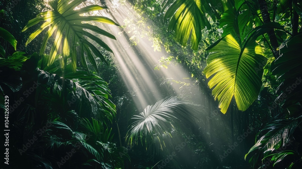 Lush rainforest scene with sunlight streaming through the dense canopy, creating a magical ...