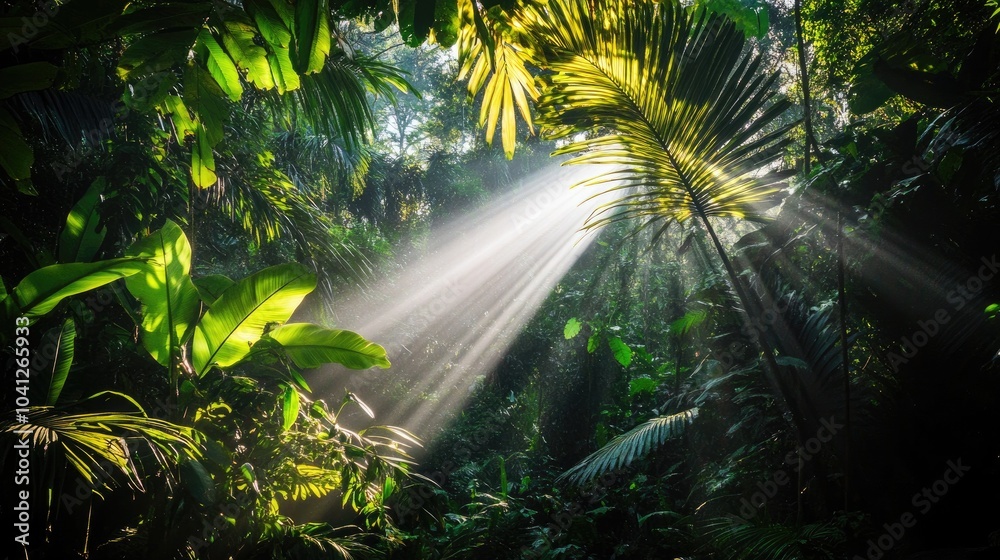 Sunlight breaking through the dense canopy of a tropical rainforest ...