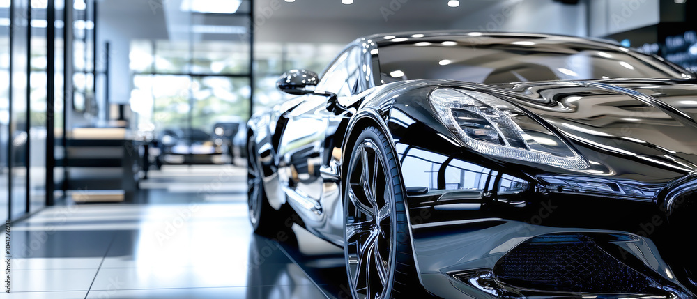 Sleek black luxury car showcased in a modern automobile showroom with ...