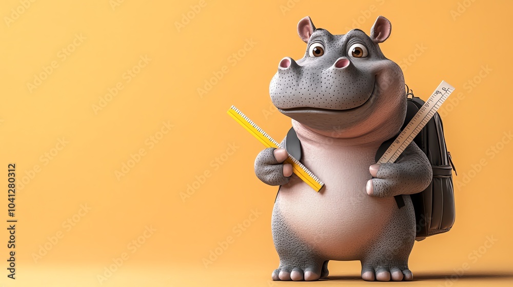 Happy hippo with a school backpack, holding a ruler and pencil, hippo ...
