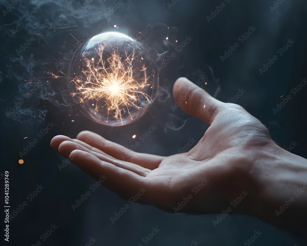 Human Hand Reaching to Touch Floating Orb of Electricity with Sparks ...