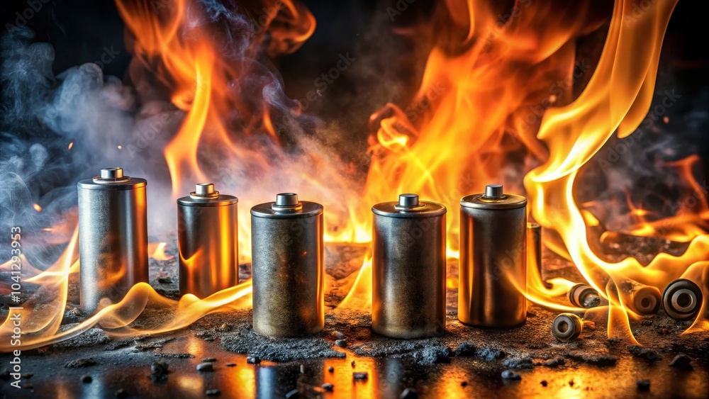 Burning Batteries Generating Heat and Flames in a Dark Environment ...