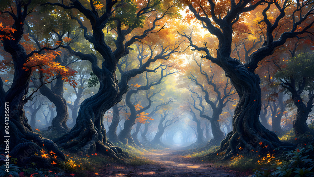 A magical forest of towering, twisted trees with iridescent bark and ...